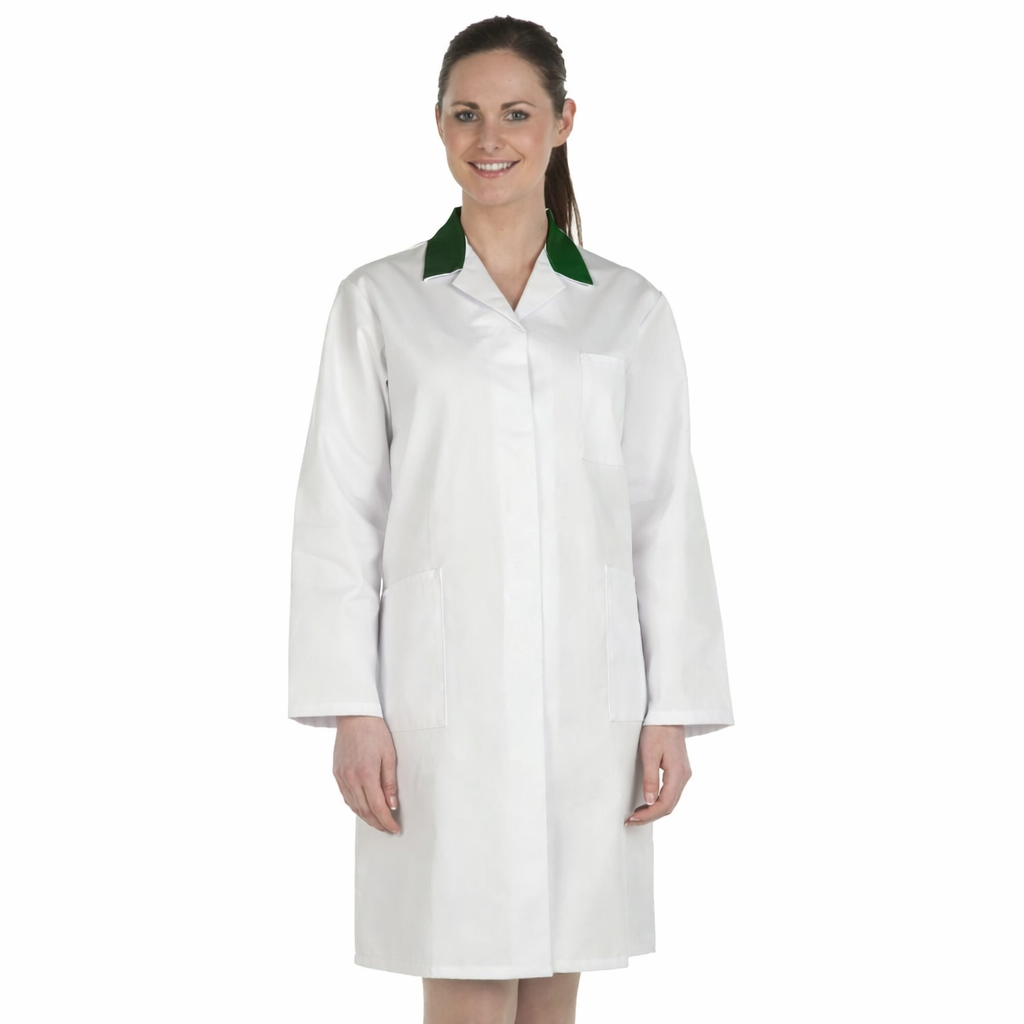 Ladies White Lab Coat with Green Coloured Collar – Food Safety Direct