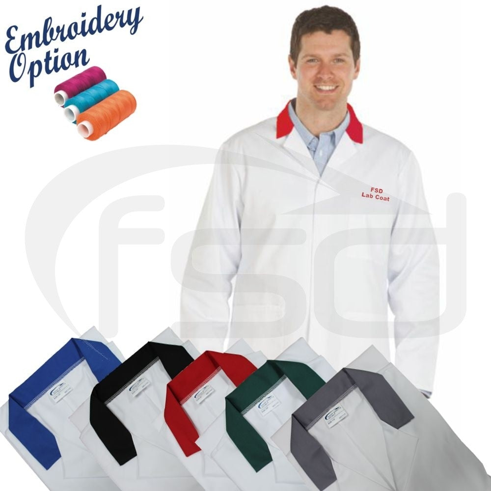 Embroidered Men's White Lab Coat with Coloured Collar – Food Safety Direct