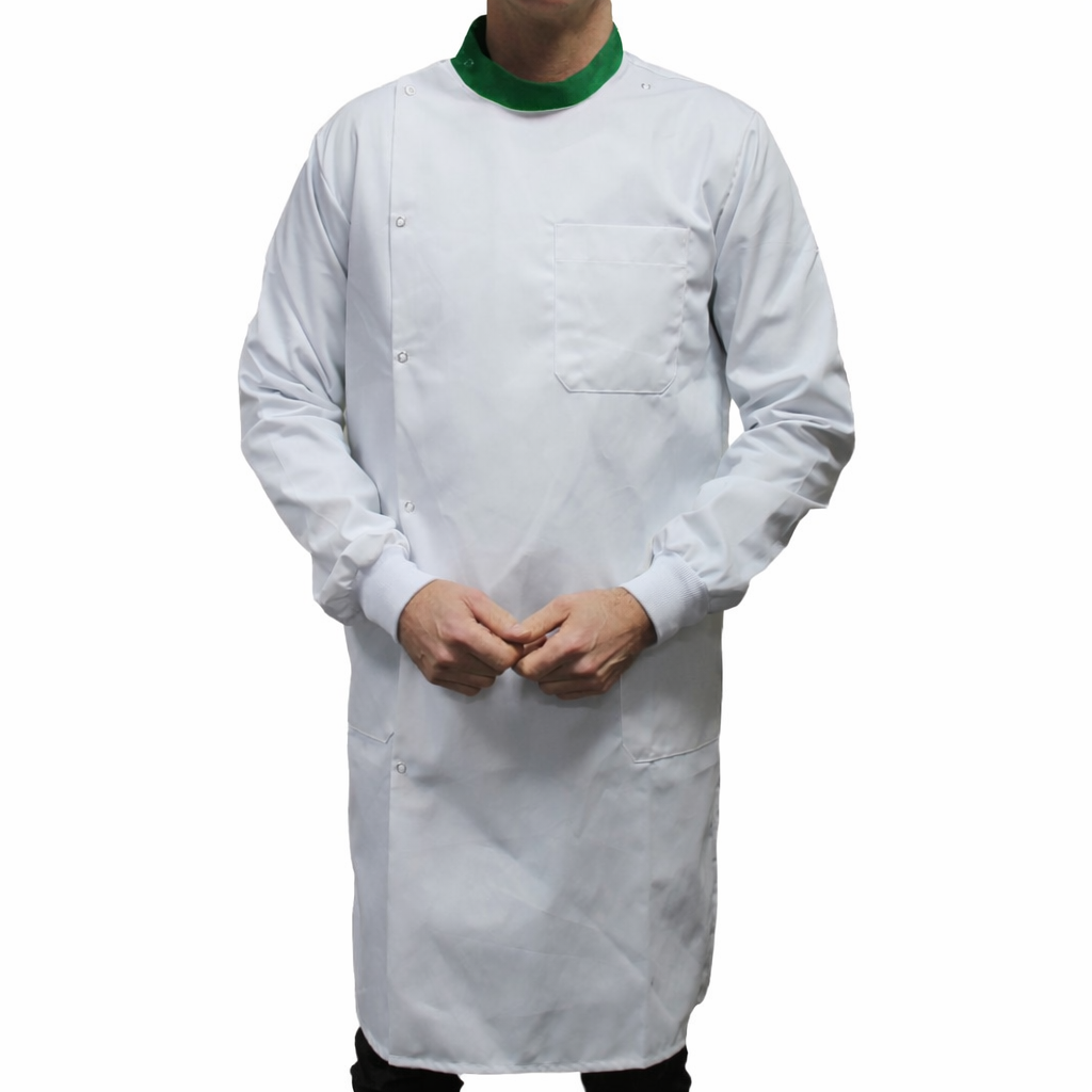 White Howie Lab Coats with Green Coloured Collar – Food Safety Direct